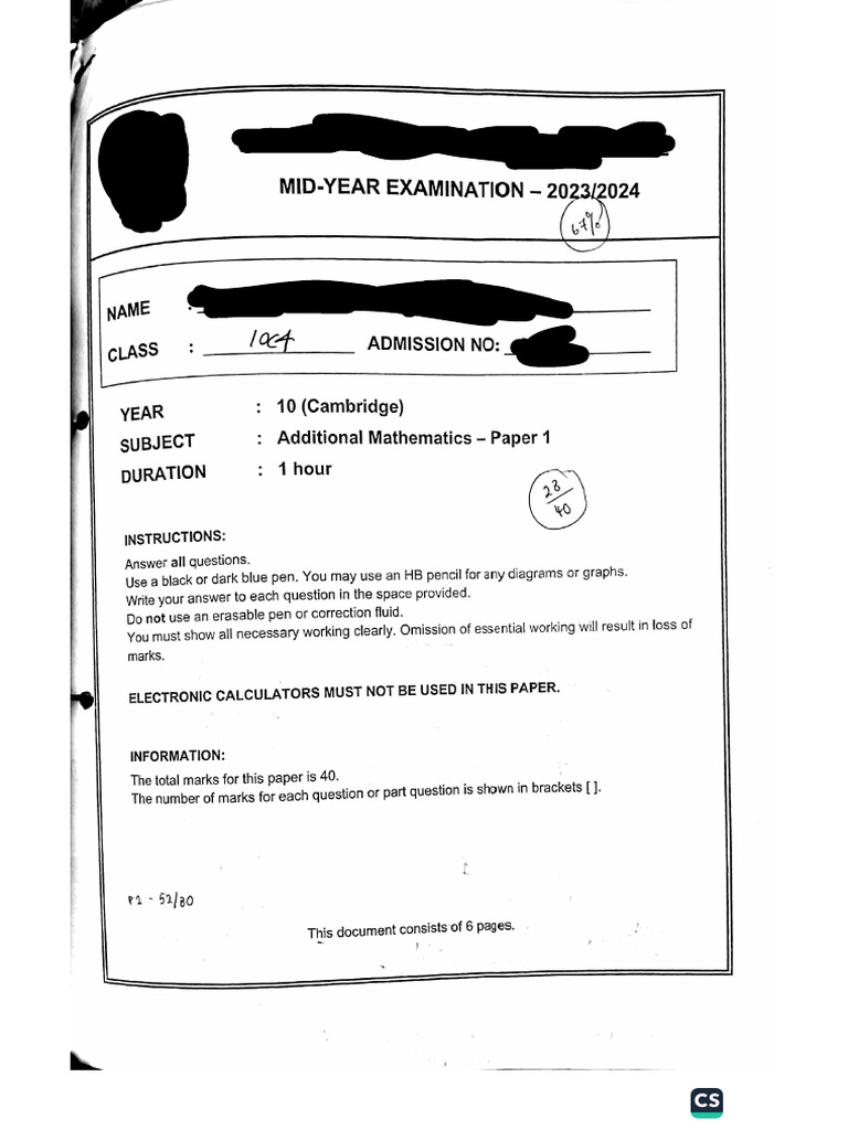 Cambridge Add Math P1 MID YR10 | PDF