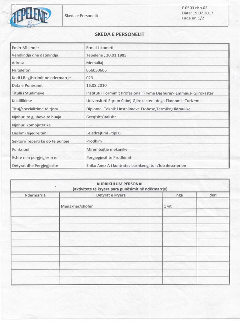 Skeda e Personelit | PDF