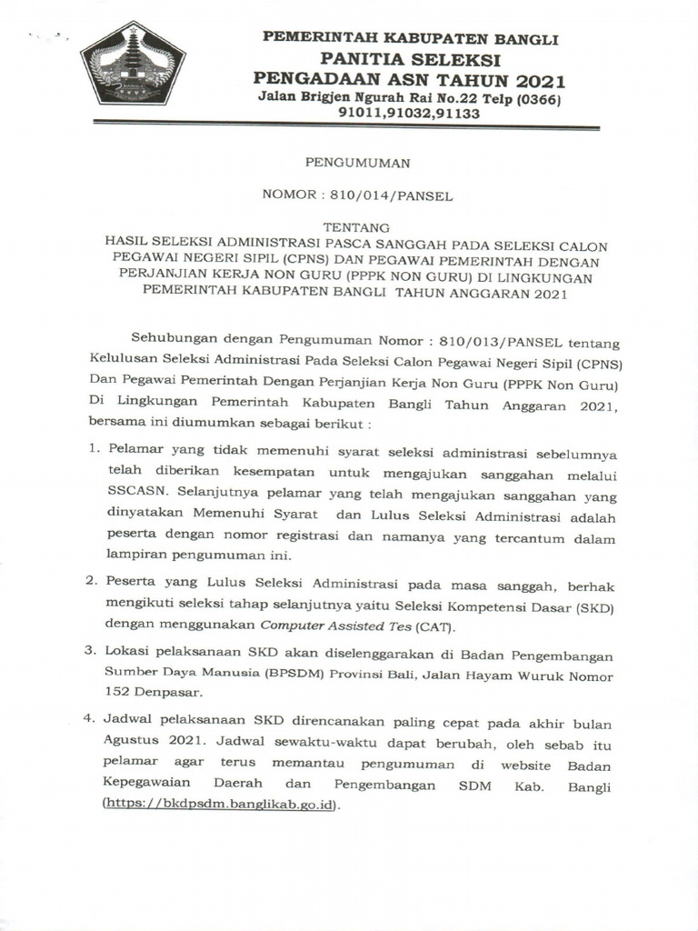 Pengumuman Hasil Seleksi Administrasi Pasca Sanggah Pada Seleksi Cpns Dan Pppk Non Guru ...