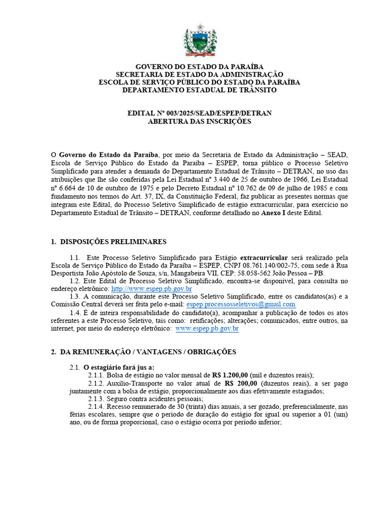 Edital No 003 2025 Sead Espep Detran Estagiarios Completo | PDF | Diploma de bacharel