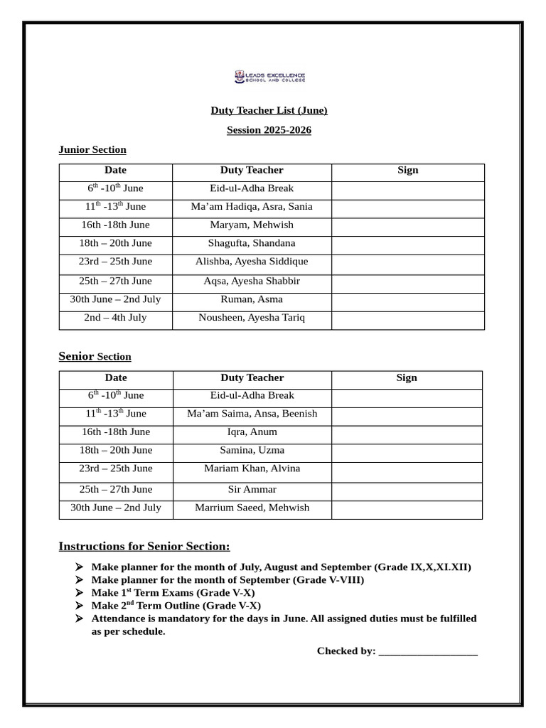 Teachers June Duty 2025 | PDF