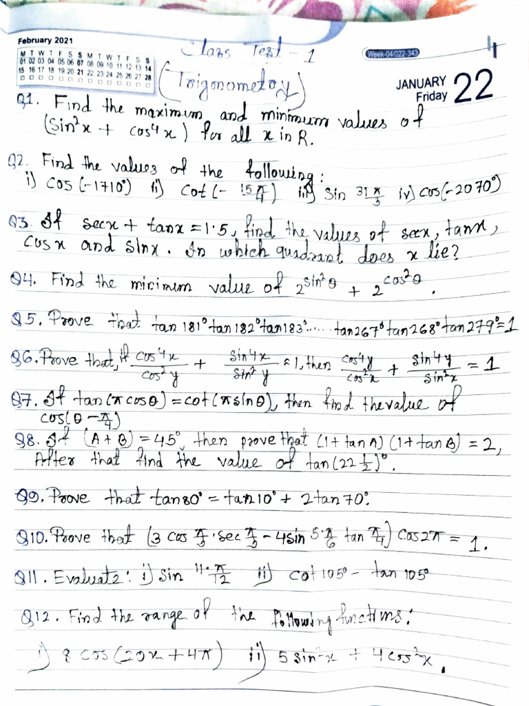 Trigonometry Class Test 1 | PDF