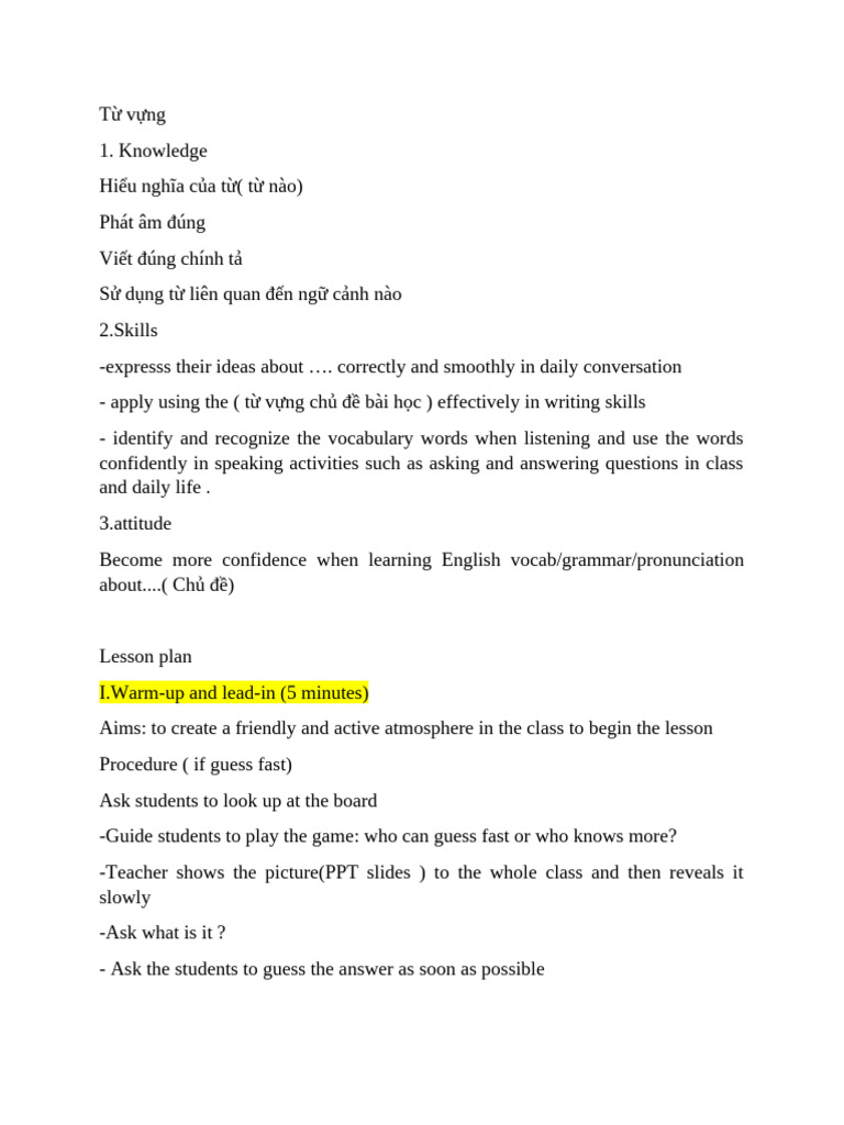 English Vocabulary Lesson Plan | PDF | Cognitive Science | Communication