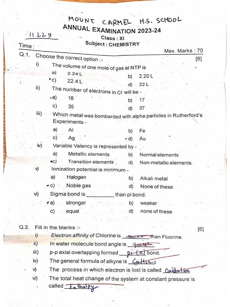 Chemistry 11th Paper | PDF