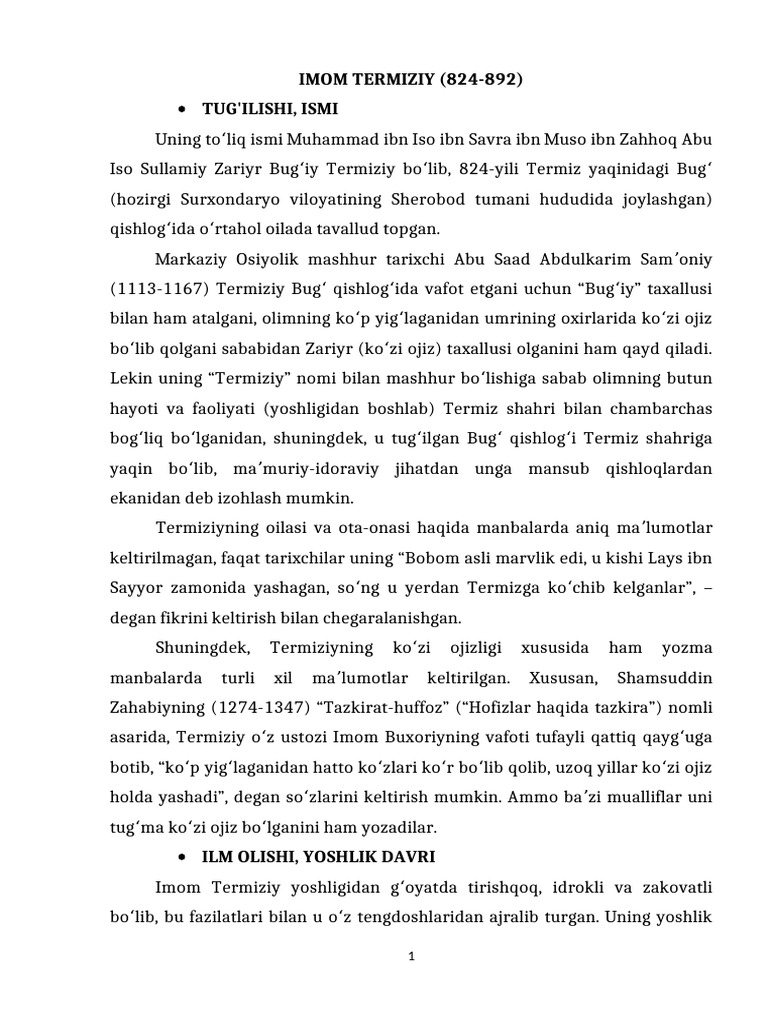 Imom Termiziy Hayoti Va Ijodi TO'LIQ NEW | PDF