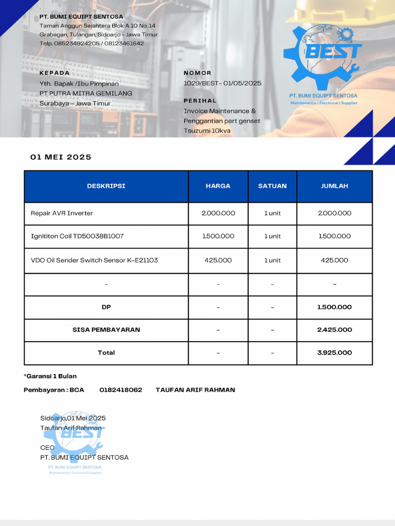 Invoice Genset Tsuzumi 10kva | PDF