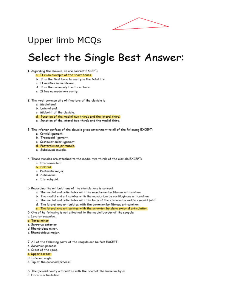 Upper Limb Anatomy MCQs for Students | PDF | Arm | Hand