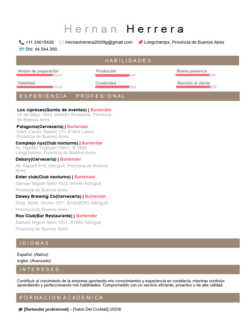 Hernan Herrera CV Bartender 2025 | PDF