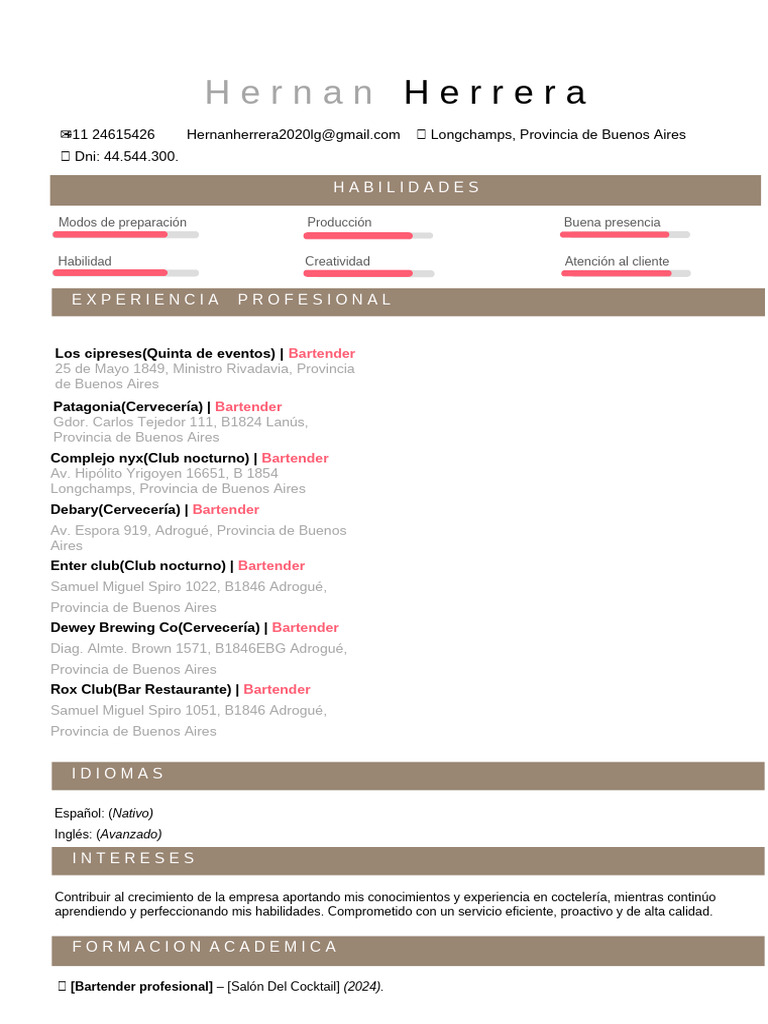Hernan Herrera CV Bartender 2025 | PDF