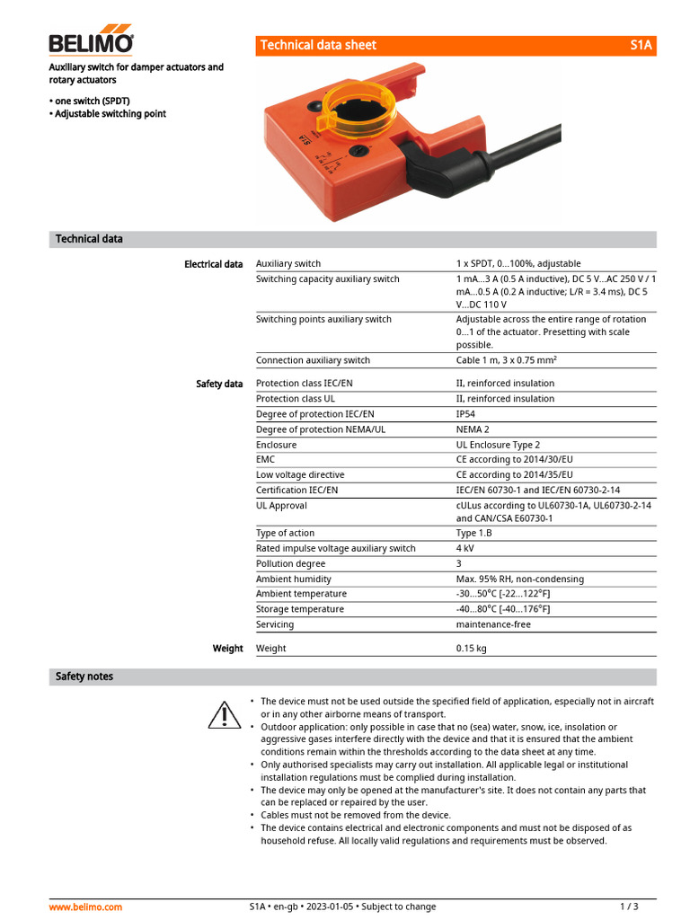 Belimo S1A Datasheet En-Gb | PDF | Switch | Insulator (Electricity)