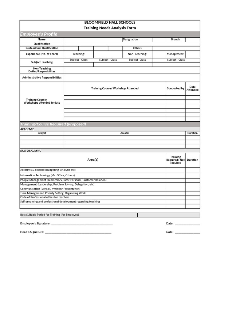 Training Need Assessment Form TNA | PDF