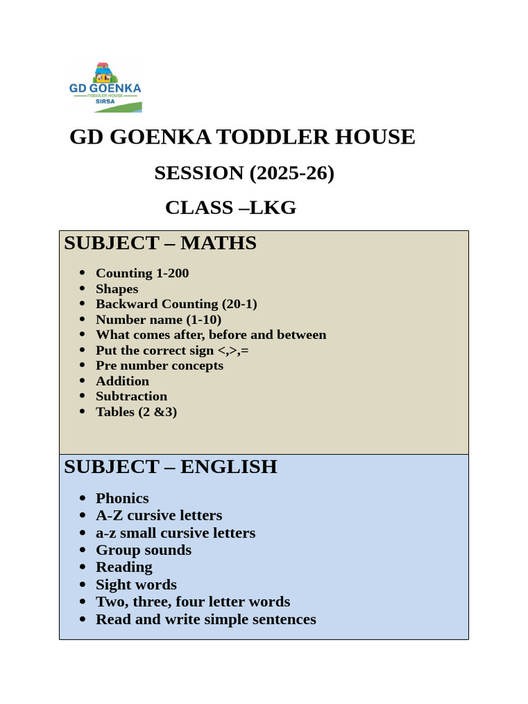 LKG Syllabus 2025-26: GD Goenka | PDF