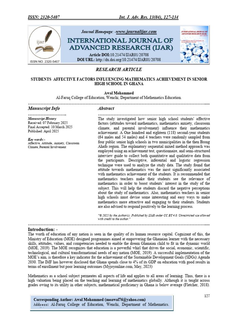 Students Affective Factors Influencing Mathematics Achievement in ...