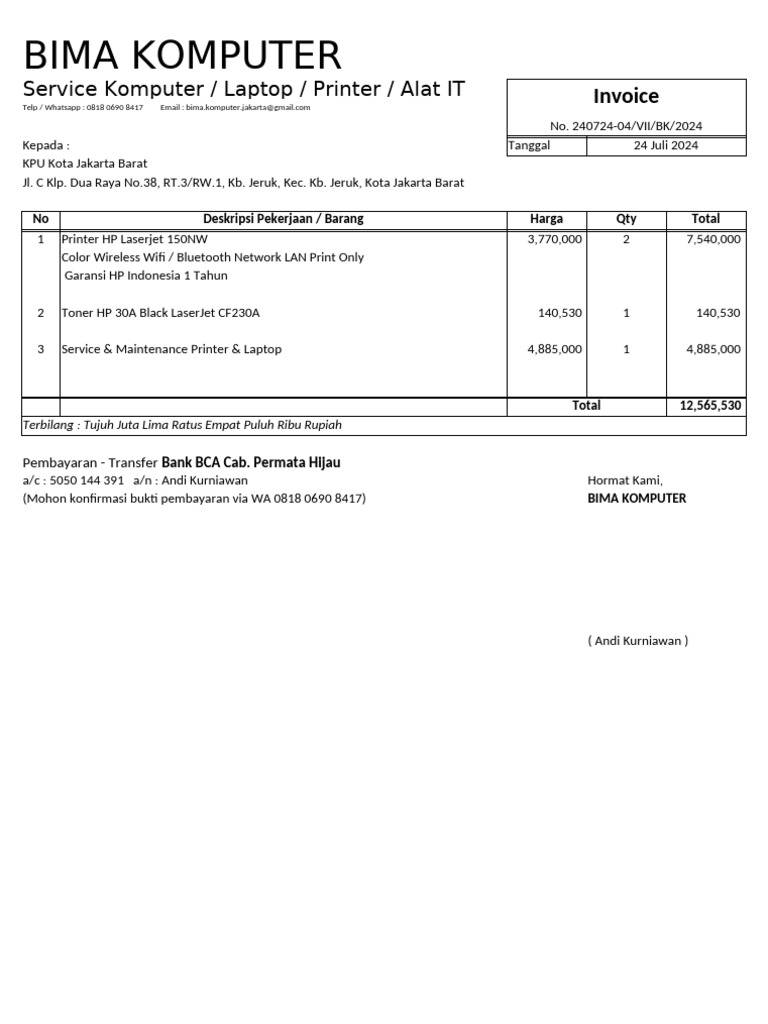 Invoice Layanan IT BIMA KOMPUTER | PDF