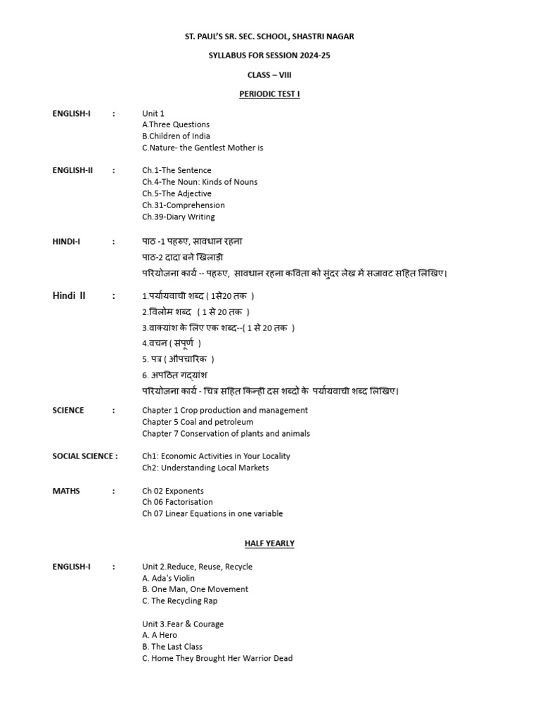 VIII Class Syllabus 24-25 | PDF | Linguistics | Syntax