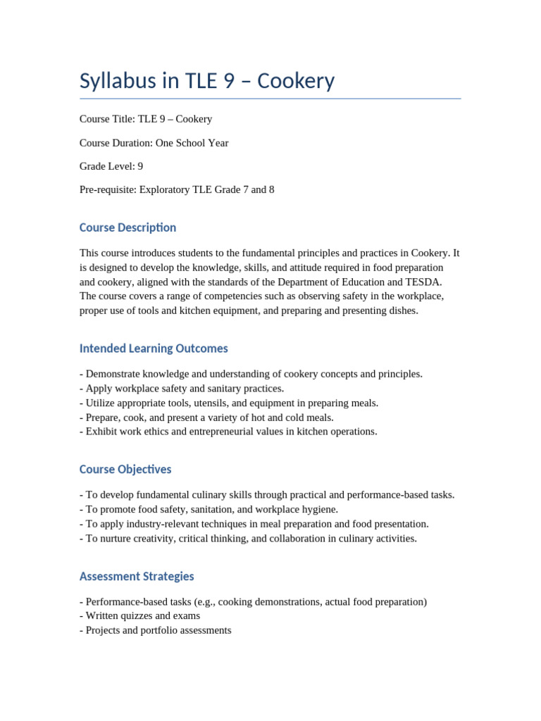 Revised_TLE9_Cookery_Syllabus_Formatted | PDF