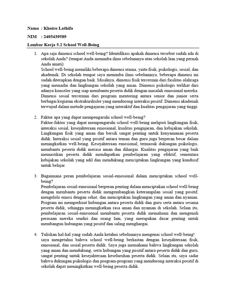 Lembar Kerja 5.2 School Well-Being PSE | PDF