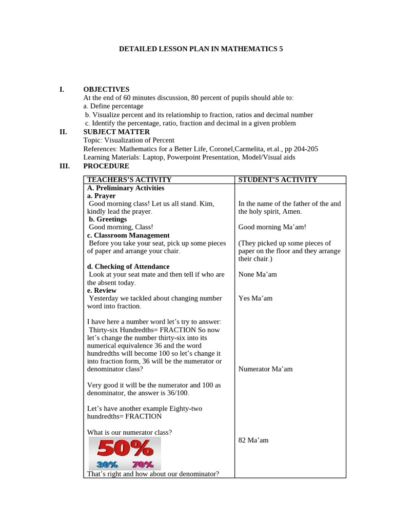 Mathematics Lesson Plan: Percent Visualization | PDF | Percentage | Ratio