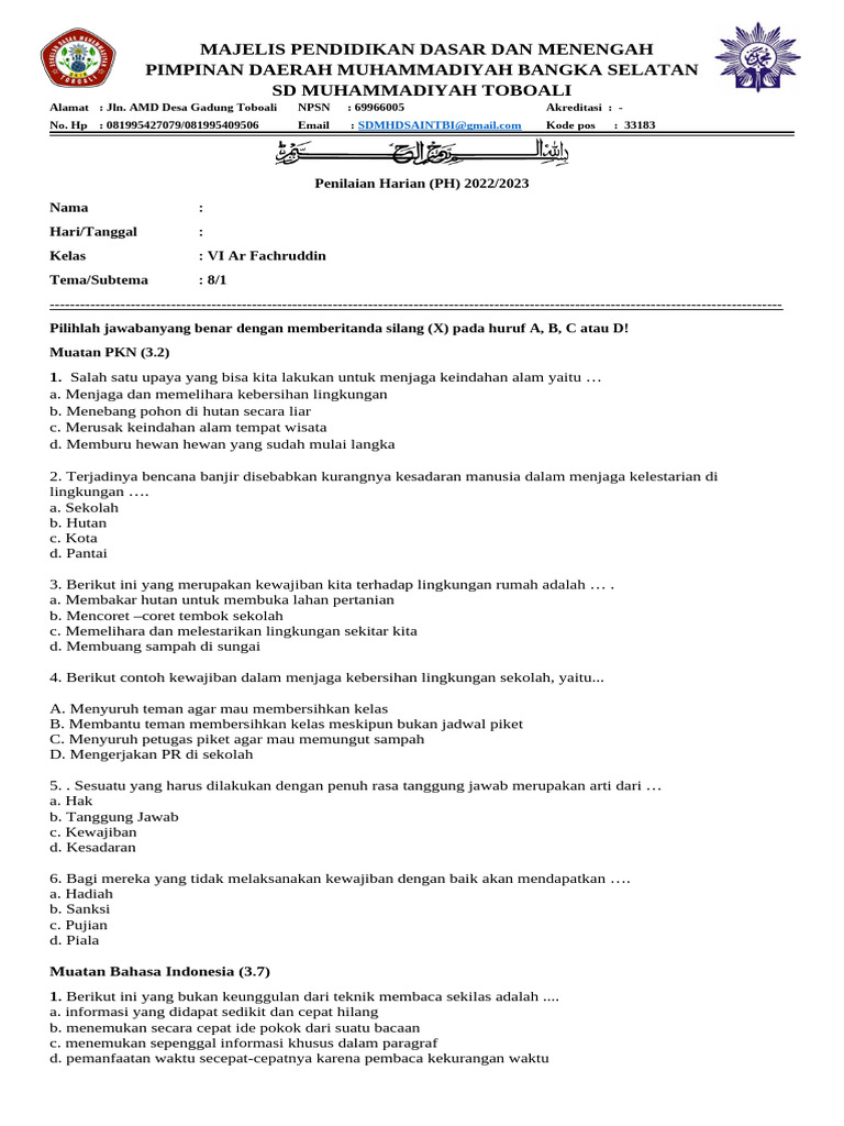 Soal PH Tema 6 ST 1 Kelas 6 | PDF