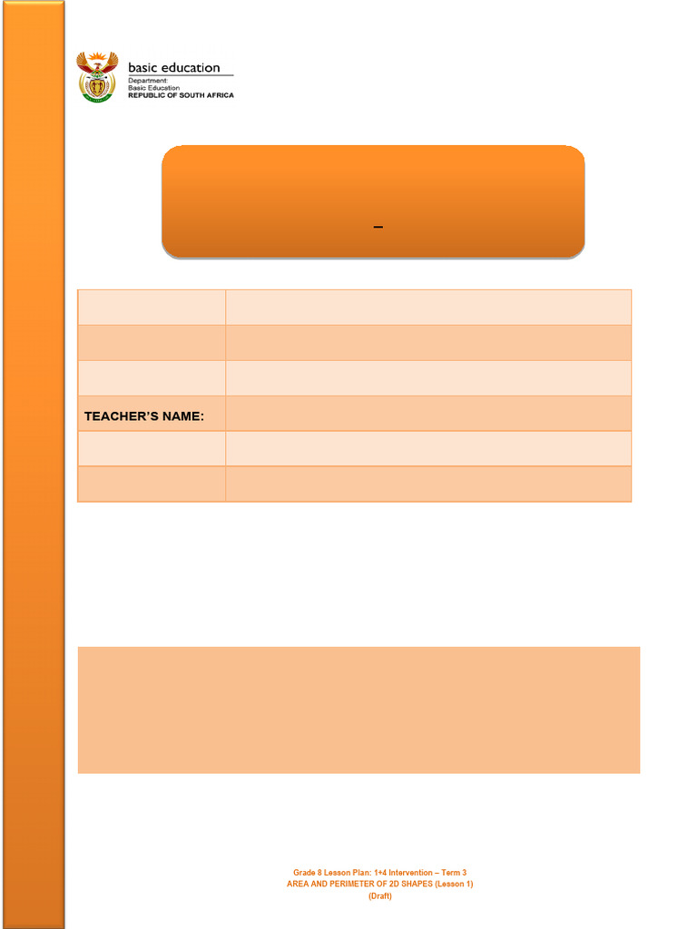 Grade 8 Area and Perimeter Lesson Plan | PDF | Area | Euclidean Geometry