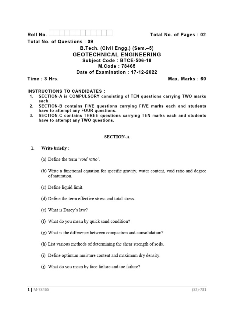 Btech Civil 5 Sem Geotechnical Engineering 78465 Dec 2022 | PDF | Soil Mechanics | Civil Engineering