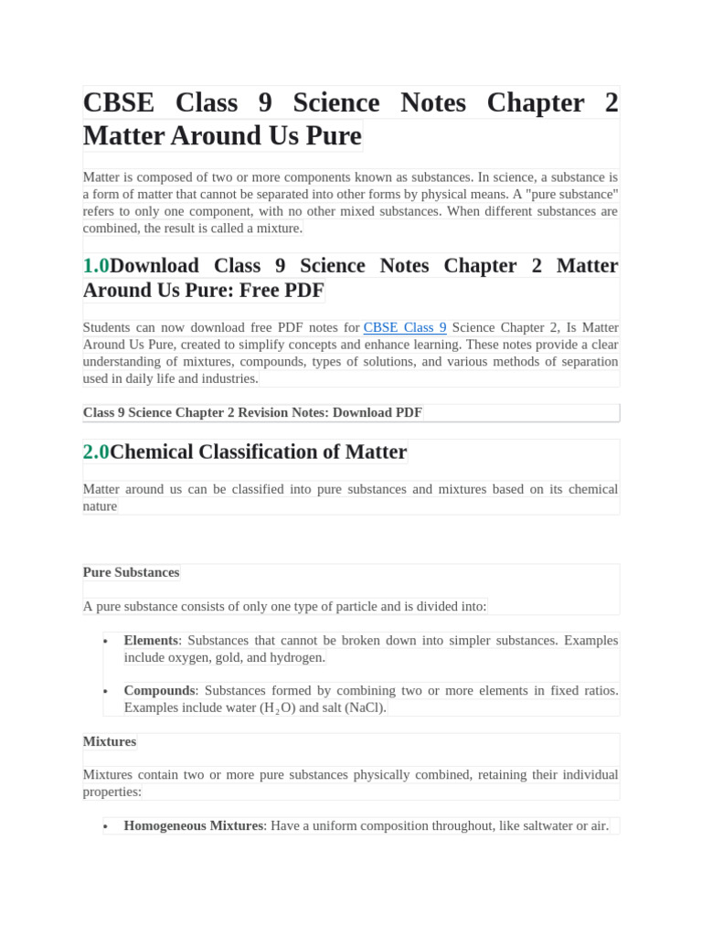 CBSE Class 9 Science Notes Chapter 2 Matter Around Us Pure | PDF ...