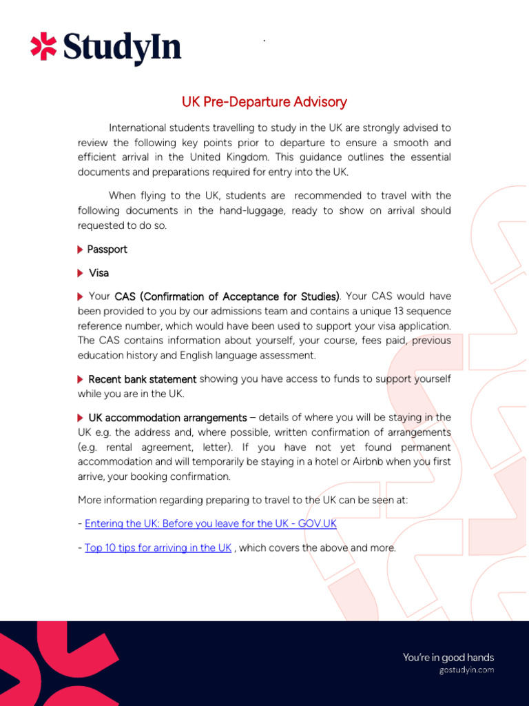 Pre-Departure Guidance UK | PDF