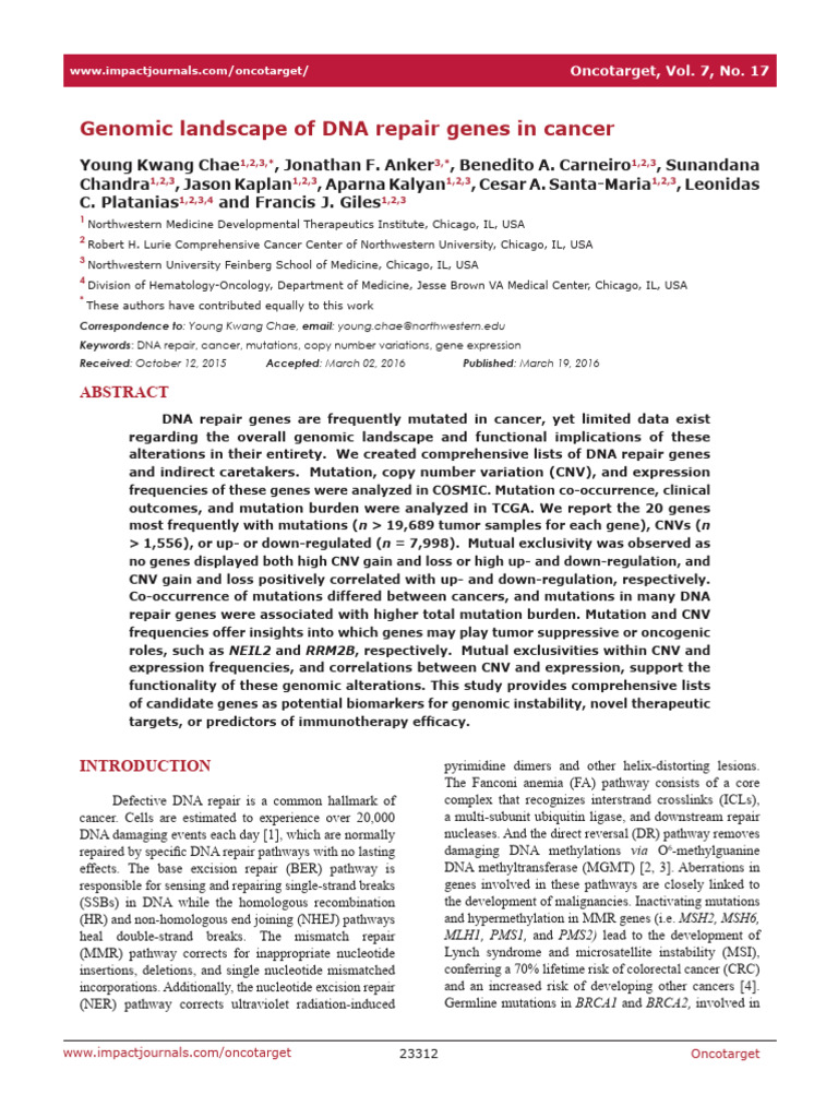Genomic Landscape of DNA Repair Genes in Cancer | PDF | Dna Repair | Cancer