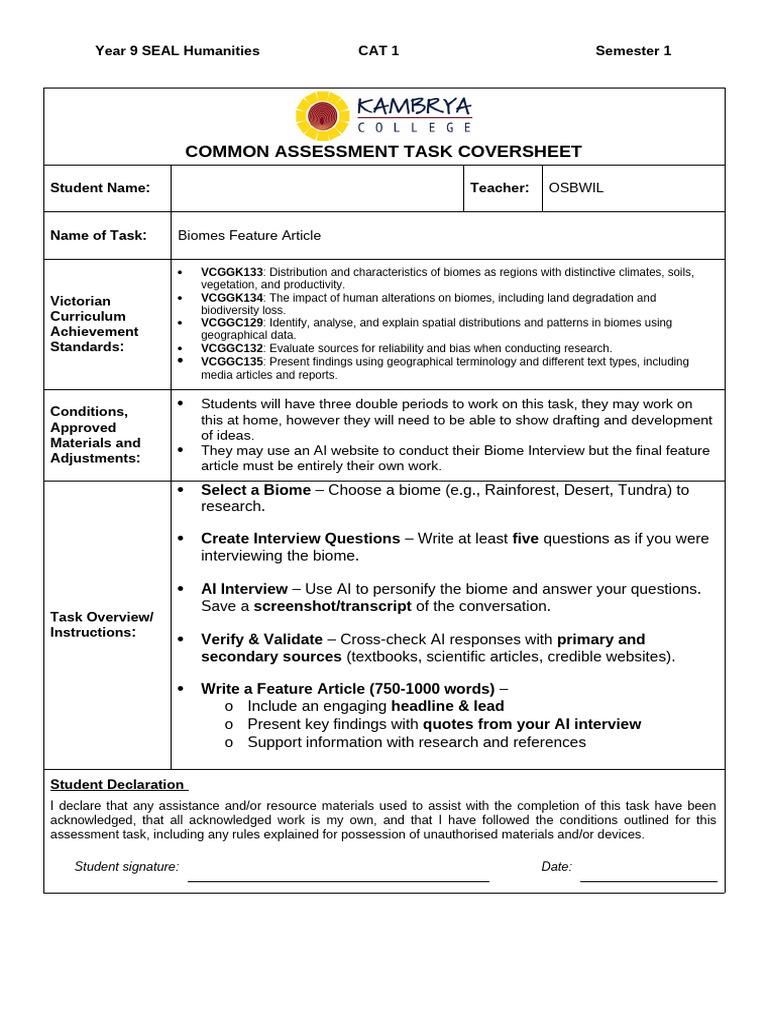 Year 9 SEAL Humanities CAT 1 Biomes Feature Article | PDF | Vegetation ...