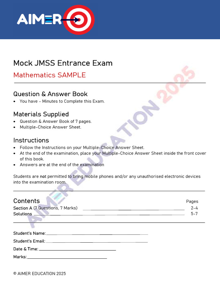 Mathematics Sample Exam | PDF | Area | Multiple Choice