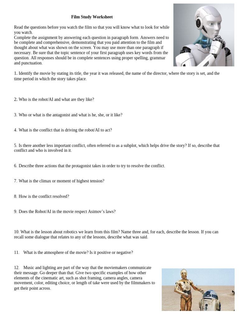 Robot Film Study Worksheet 2 | PDF