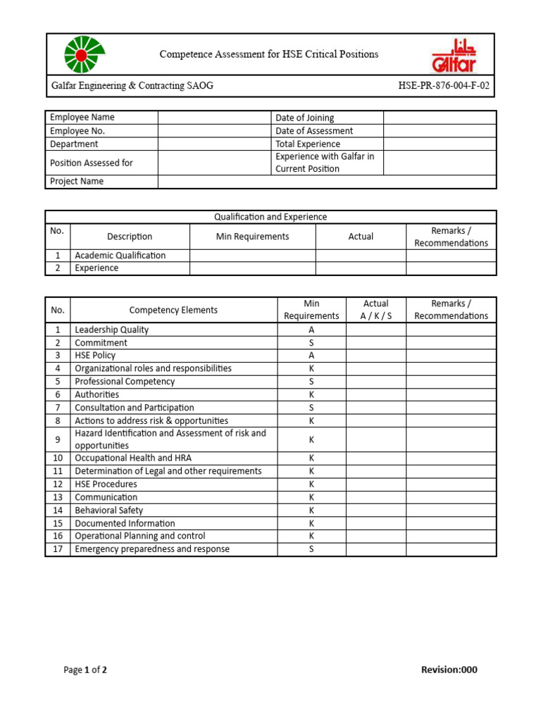 Competence Assessment For HSE Critical Positions - 02 | PDF | Risk ...