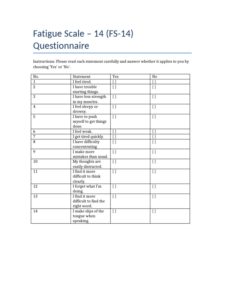 Fatigue Scale FS14 Questionnaire | PDF