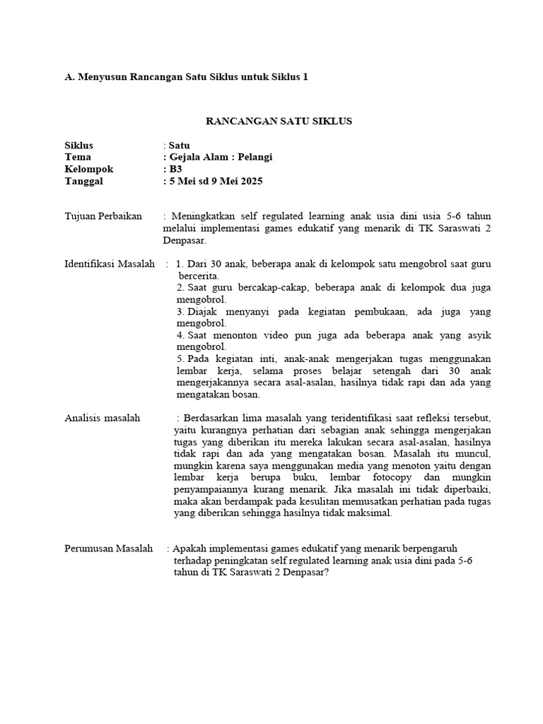 Rancangan Siklus Siklus 1 RPPH | PDF