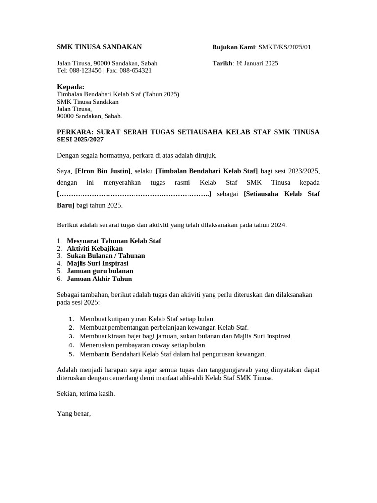 Surat Serah Tugas | PDF