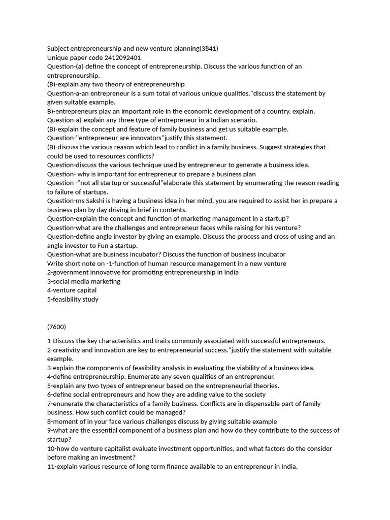 Subject Entrepreneurship and New Venture Planning | PDF ...