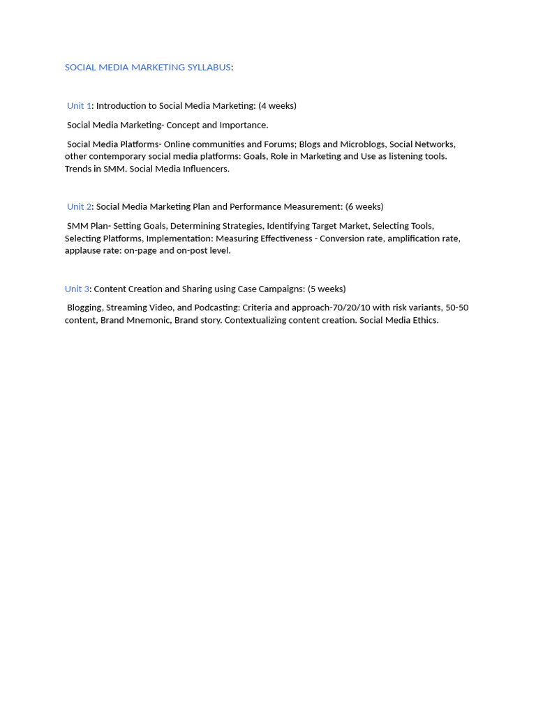 Social Media Marketing Course Syllabus | PDF