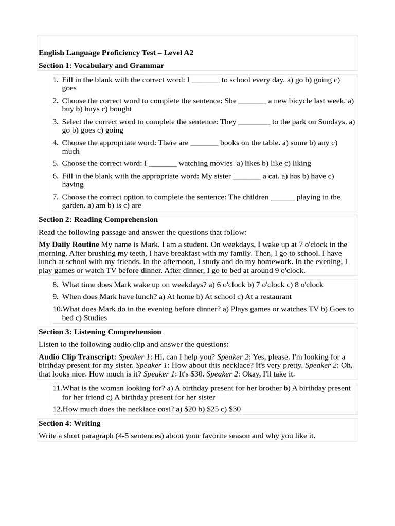 A2 English Proficiency Test Guide | PDF