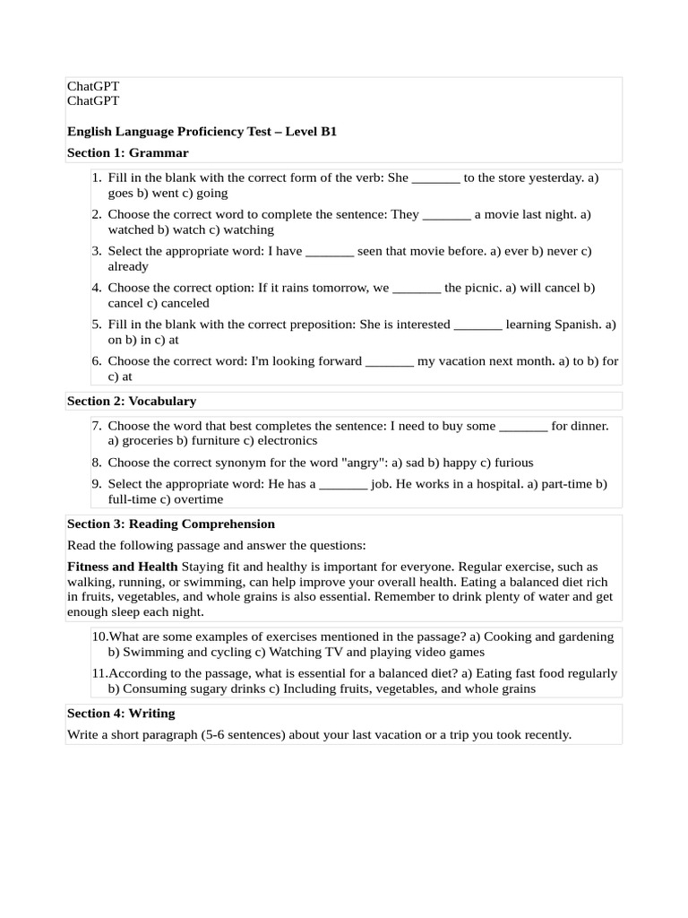 B1 - English Test | PDF