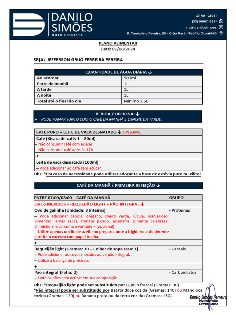 Plano alimentar para Sr(a). Jefferson Grijó Ferreira Pereira | PDF ...