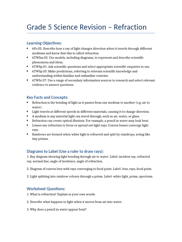 Grade - 5 - Science - Refraction - Revision 6.2 | PDF | Refraction | Light