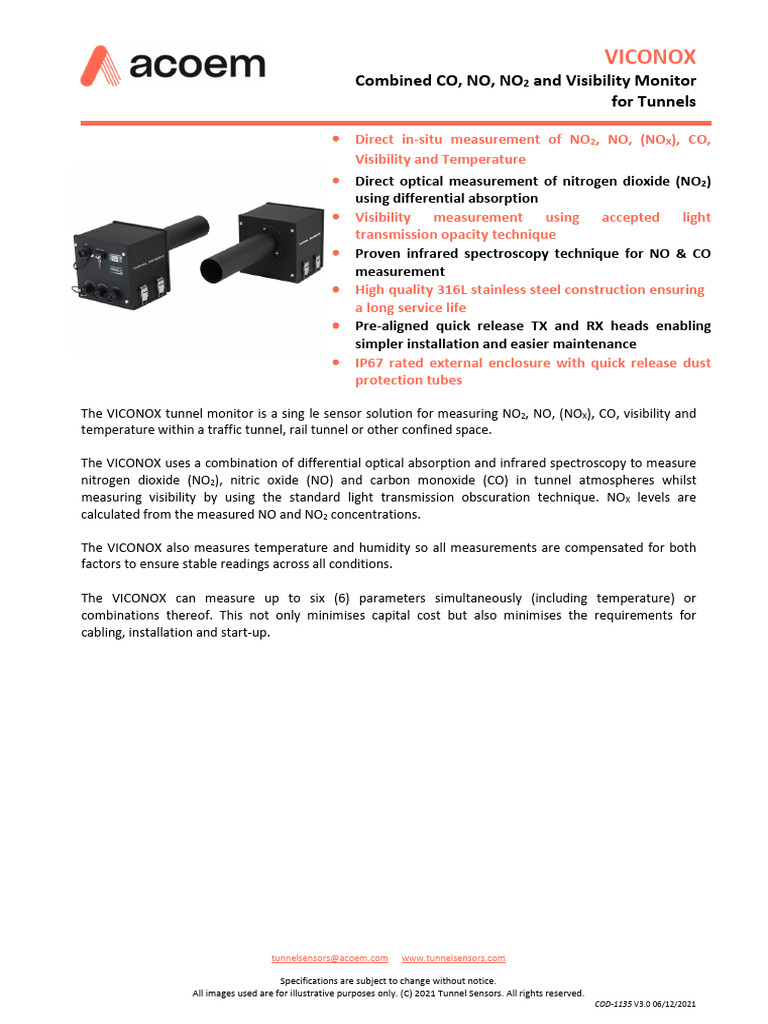 ACOEM Tunnel Sensors VICONOX Data Sheet V3.0 | PDF | Carbon Dioxide | Oxide