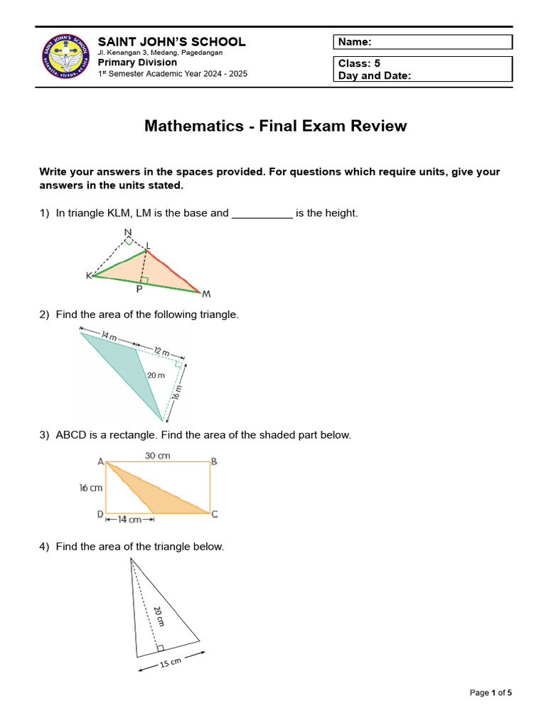 P5 Mathematics 1st Final Exam Review | PDF | Volume | Litre