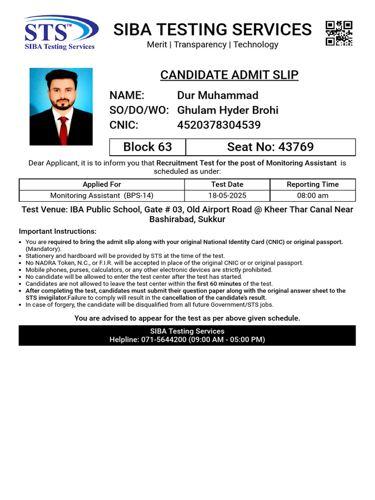 Siba Testing Services: Candidate Admit Slip | PDF