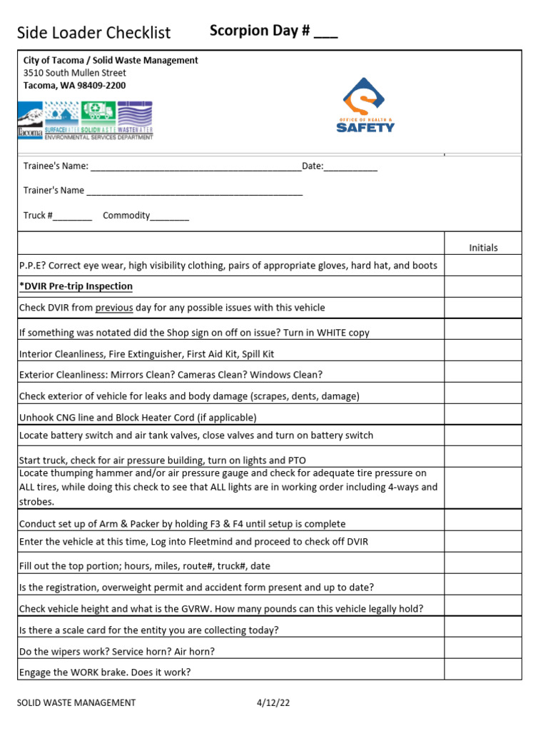 Side Loader Training Checklist Scorpion | PDF | Vehicles