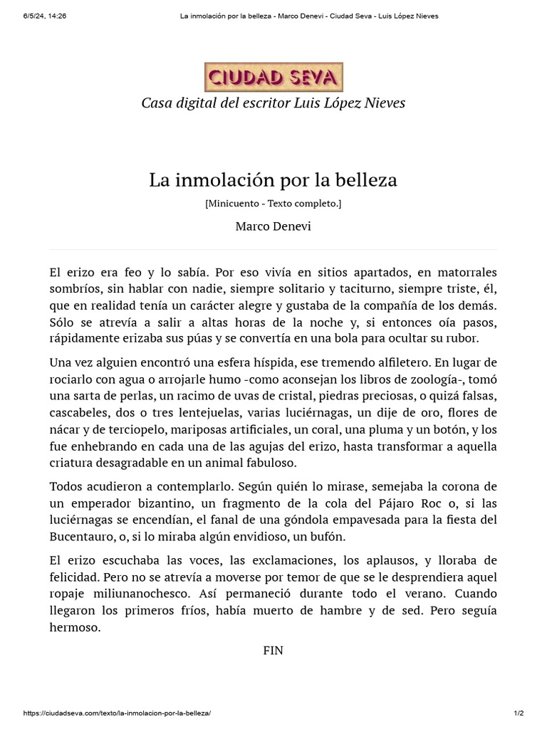 La Inmolación Por La Belleza - Marco Denevi - Ciudad Seva - Luis López ...