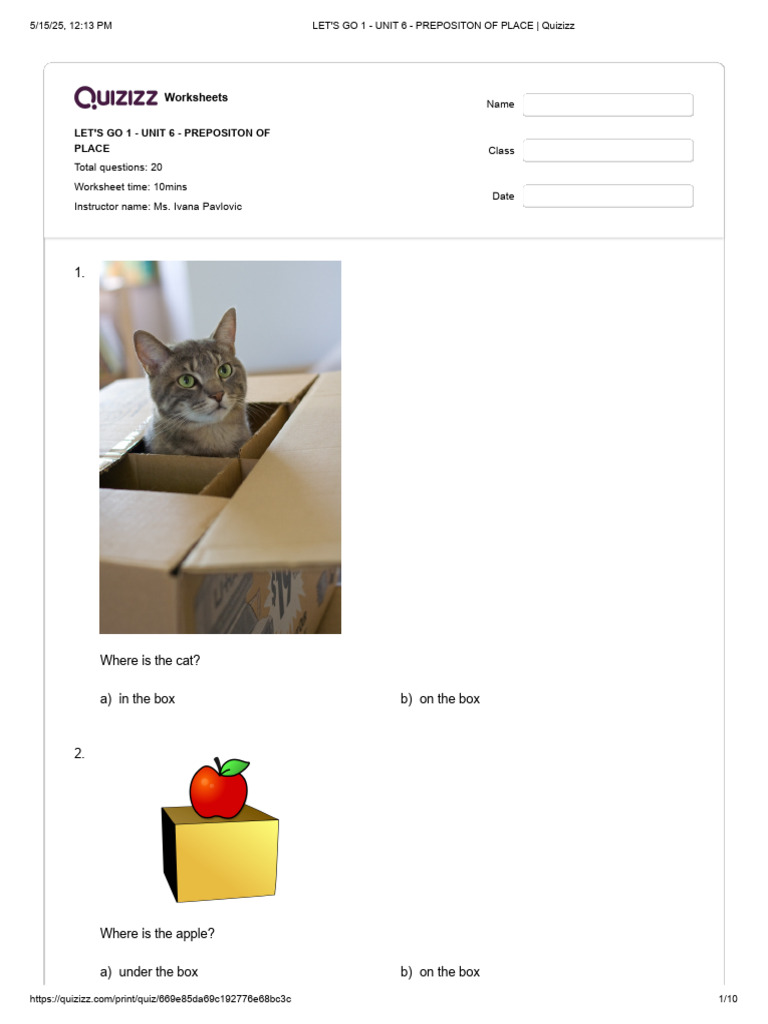 LET'S GO 1 - UNIT 6 - PREPOSITON OF PLACE - Quizizz | PDF