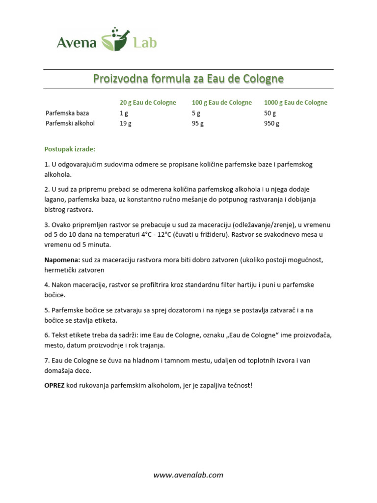 Proizvodna Formula Za Eau de Cologne | PDF