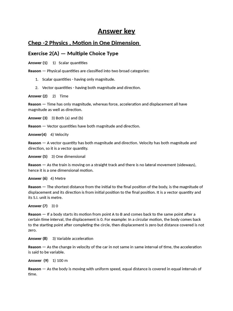 CHE 2 MOTION IN ONE DIMENSION Answer Key | PDF | Acceleration | Velocity