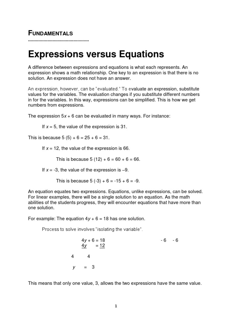 Expressions versus Equations: Undamentals